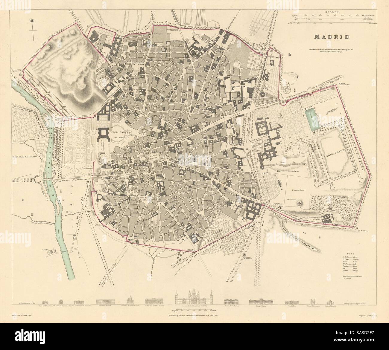 MADRID. Antique town city map plan. Original outline colour. SDUK 1844 ...