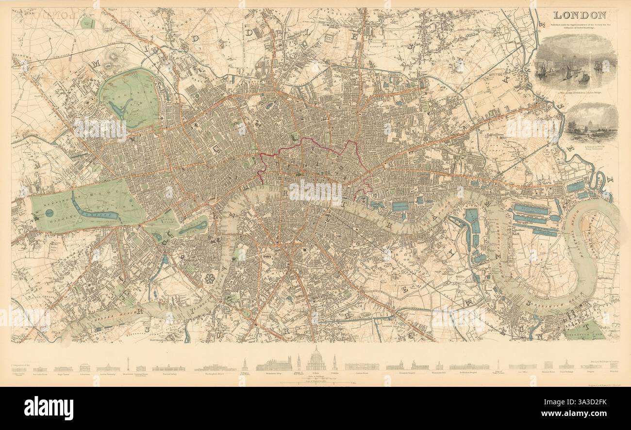 LONDON. Antique town city map plan. Profiles of main buildings. LARGE ...