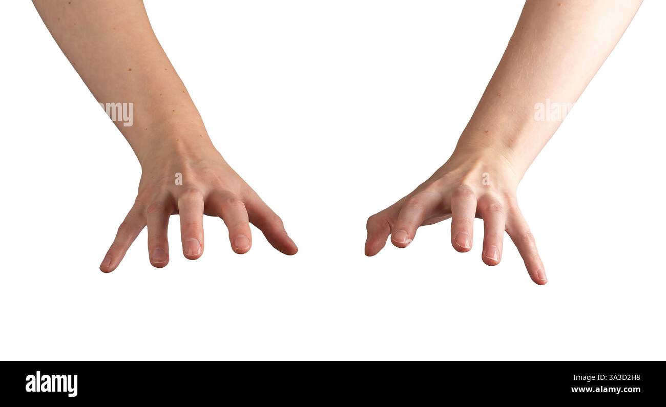 Hands reaching down, grasping and touching an unseen surface, fingers ...