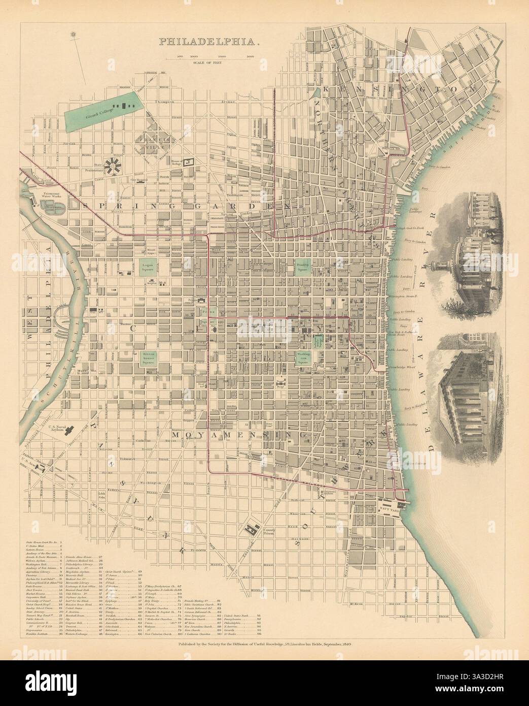 PHILADELPHIA. Antique town city map plan. Inset US Bank, Exchange. SDUK ...