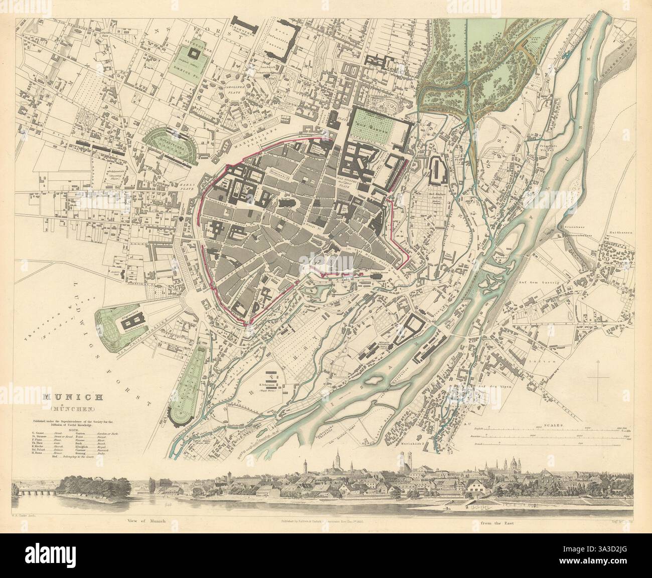 MUNICH MÜNCHEN MUNCHEN. Antique town city map plan & panorama. SDUK ...