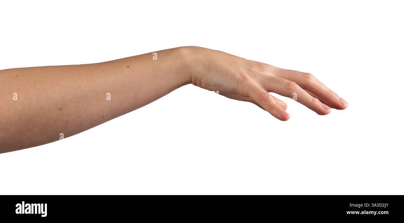 Hand gesture in motion, reaching forward, fingers delicately hovering ...