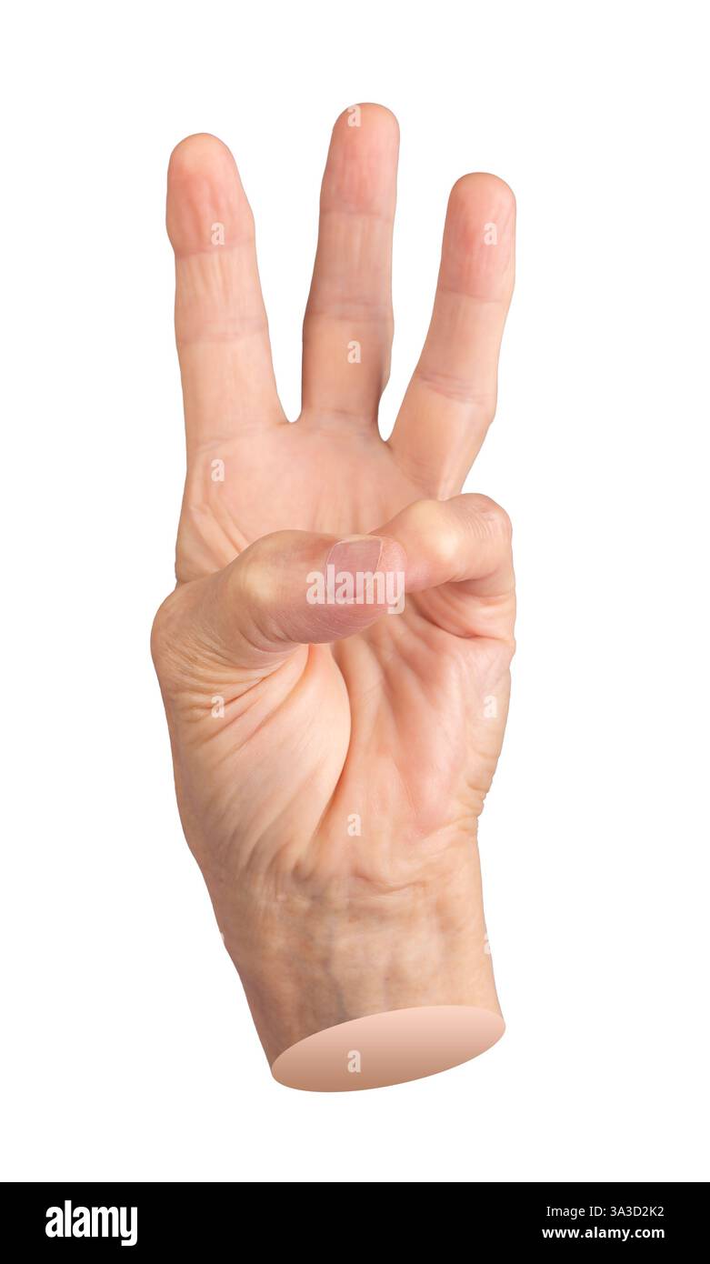 Elderly woman showing three with hand gesture. Aged, wrinkled fingers ...