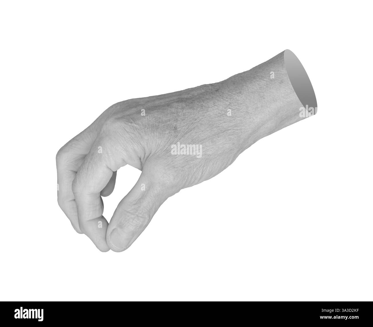 Elderly hand with thumb and index finger forming a pinch, grasping an ...