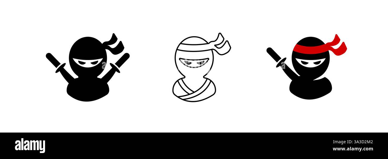 Three ninja illustrations with swords and headbands in minimalist art ...