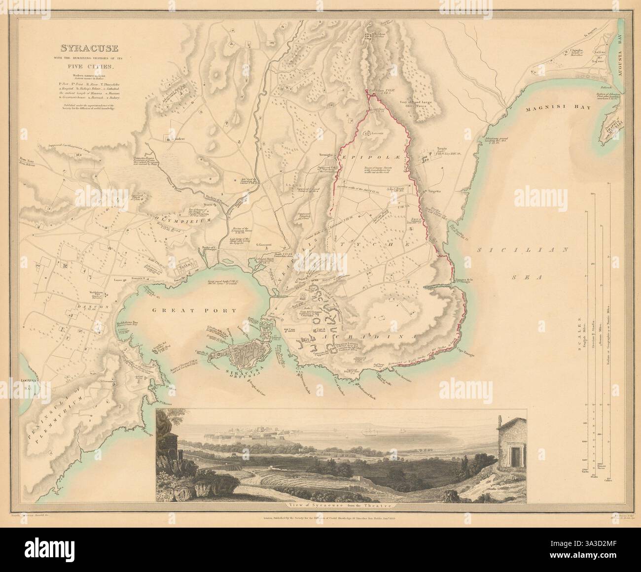 SYRACUSE SIRACUSA. Antique town city map plan.Remains of its 5 cities ...