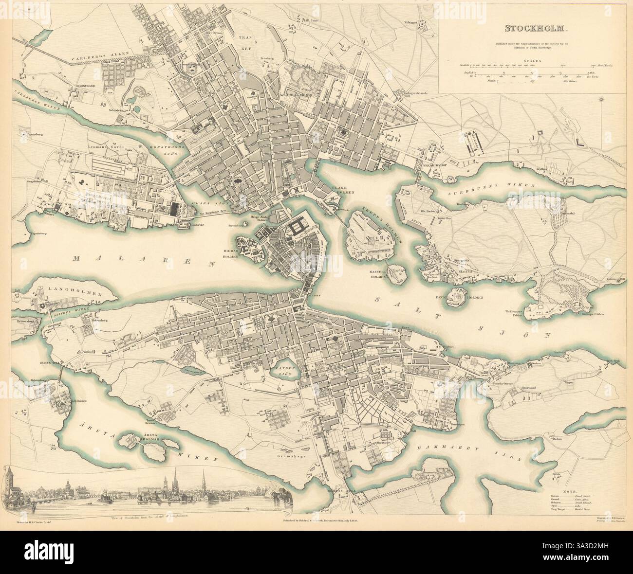 STOCKHOLM. Antique town city map plan. Inset panorama view. SDUK 1844 ...