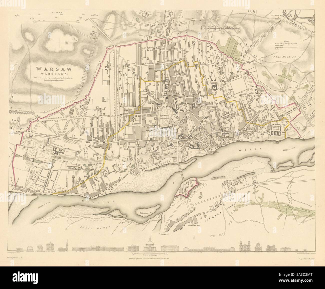 WARSAW WARSZAWA. Antique town city map plan. Building profiles.Colour ...