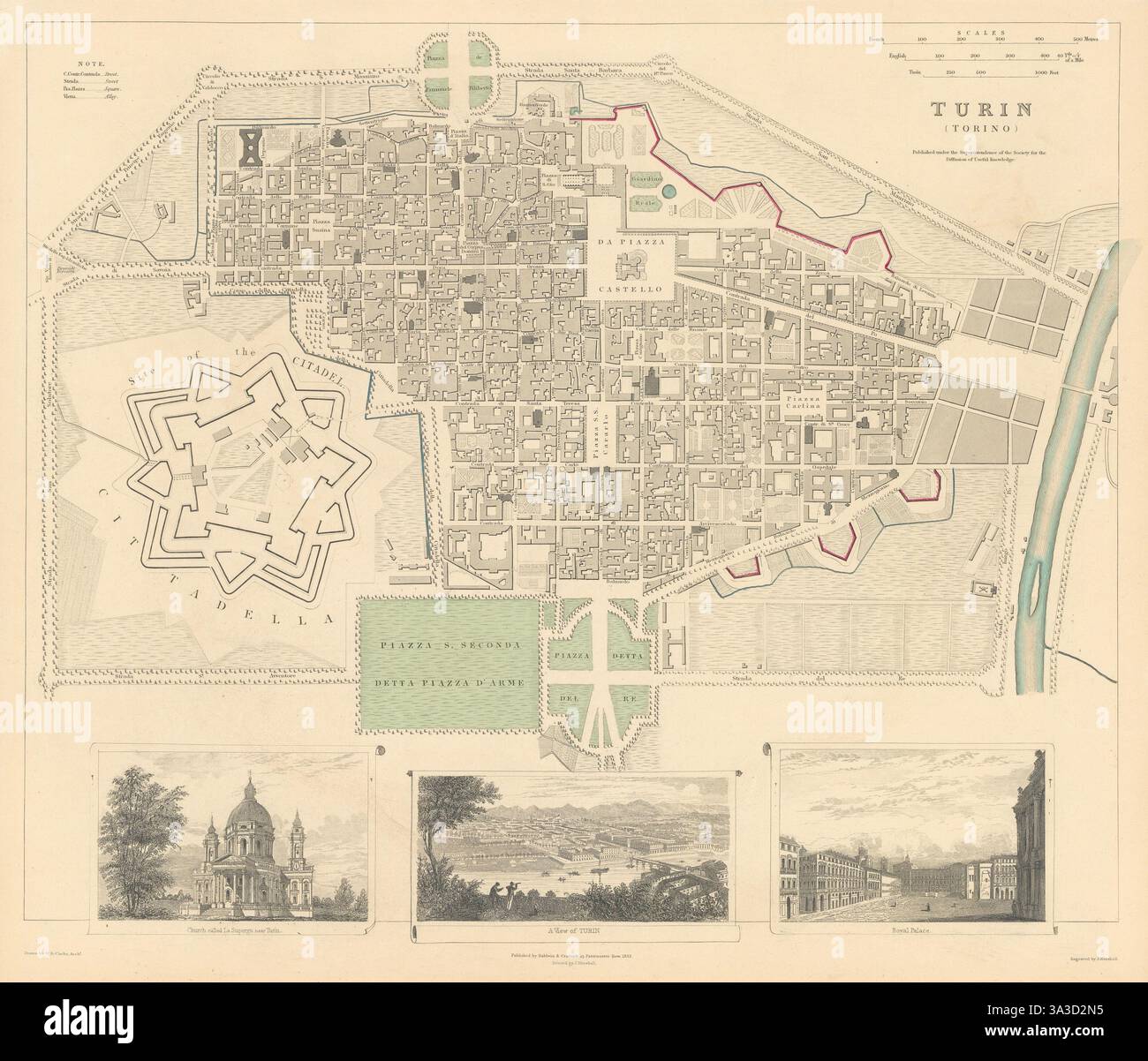 TURIN TORINO.Antique town city map plan.Panorama.Superga.Royal Palace ...