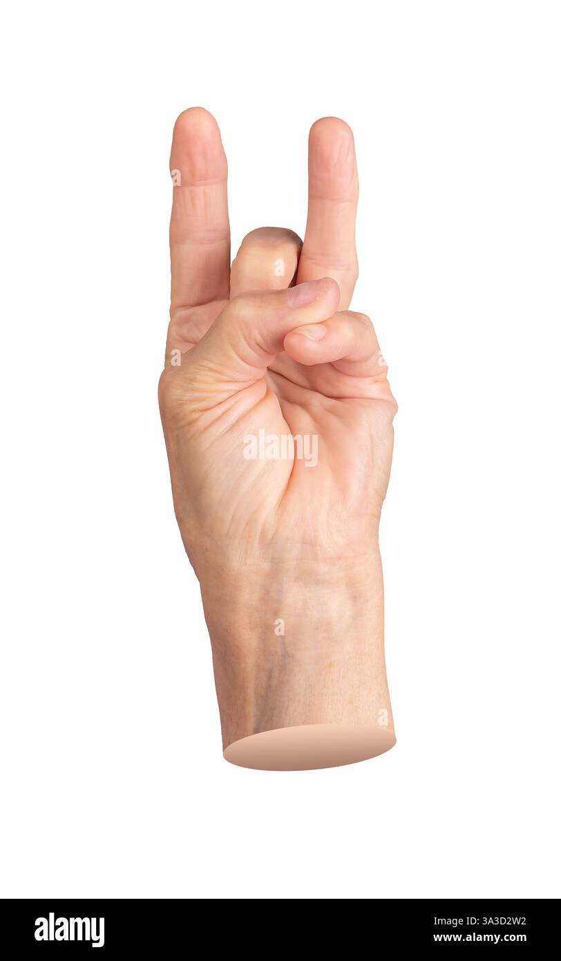 Elderly hand with index and ring fingers extended in an unusual gesture ...