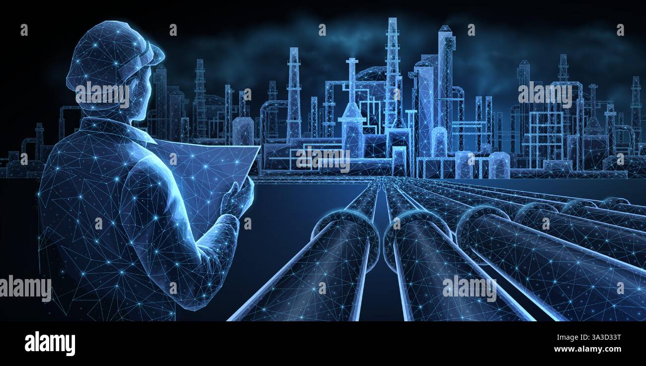 Engineer stands in front of an oil factory. Gas pipeline, crude oil ...