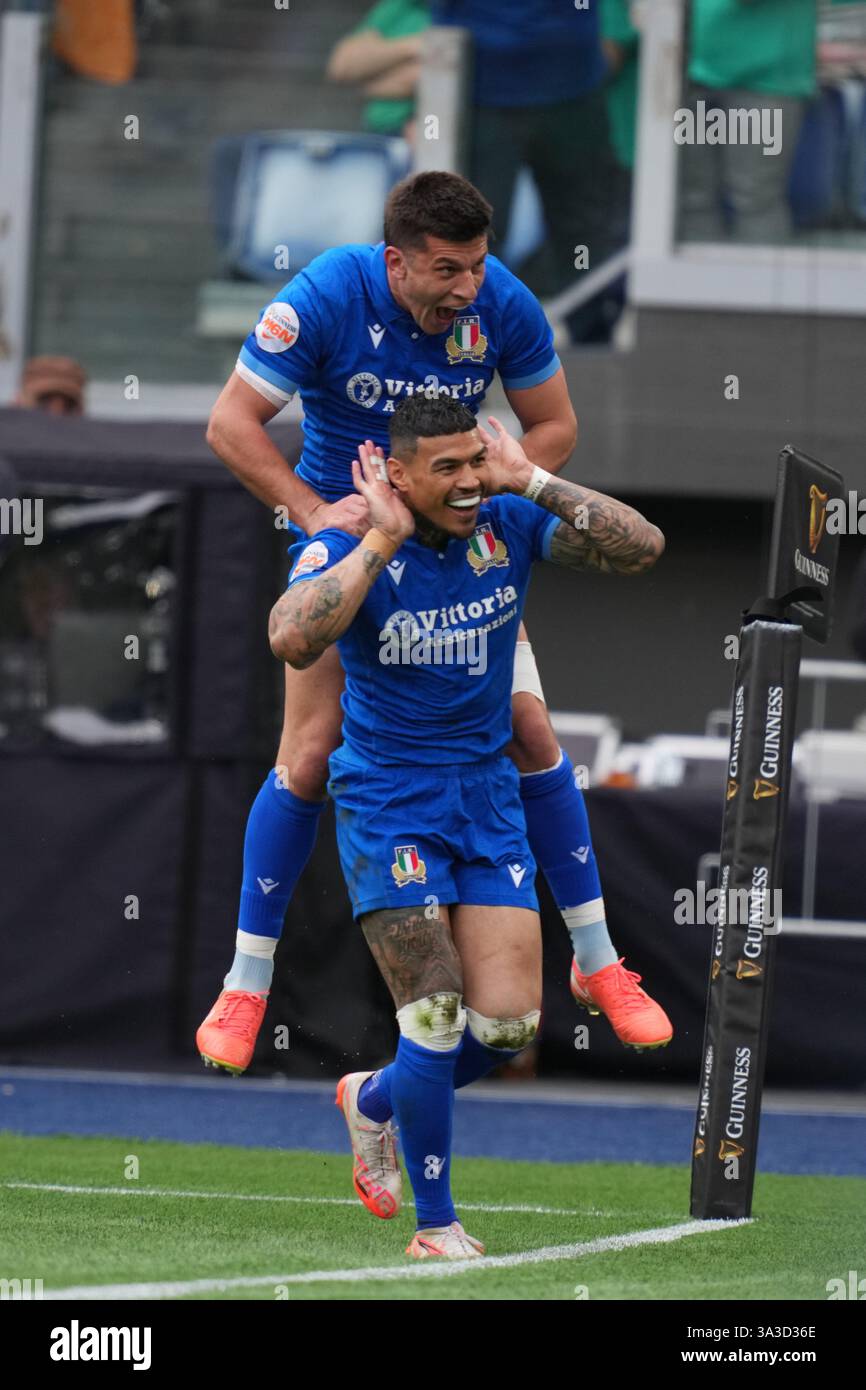 Monty Ioane of Italy celebrate after scoring during the Six Nations ...