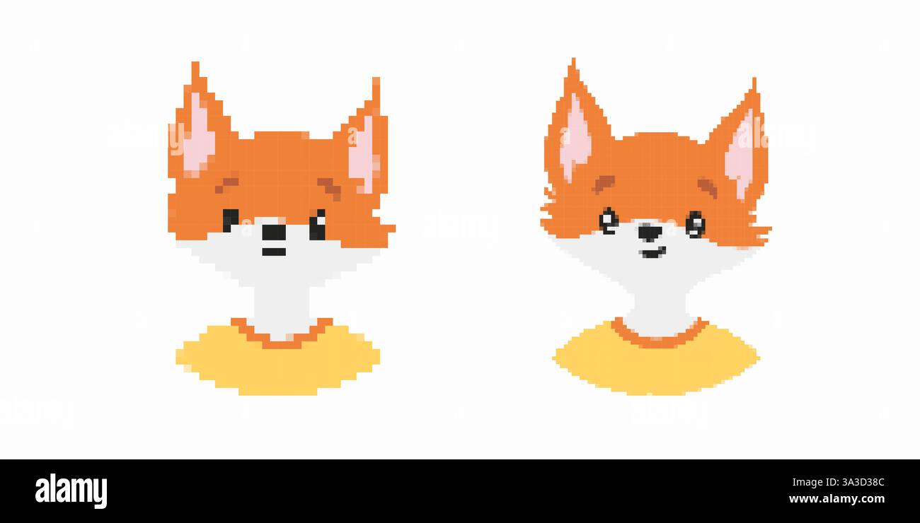 Pixel art of cute fox faces with expressive features and bright orange ...