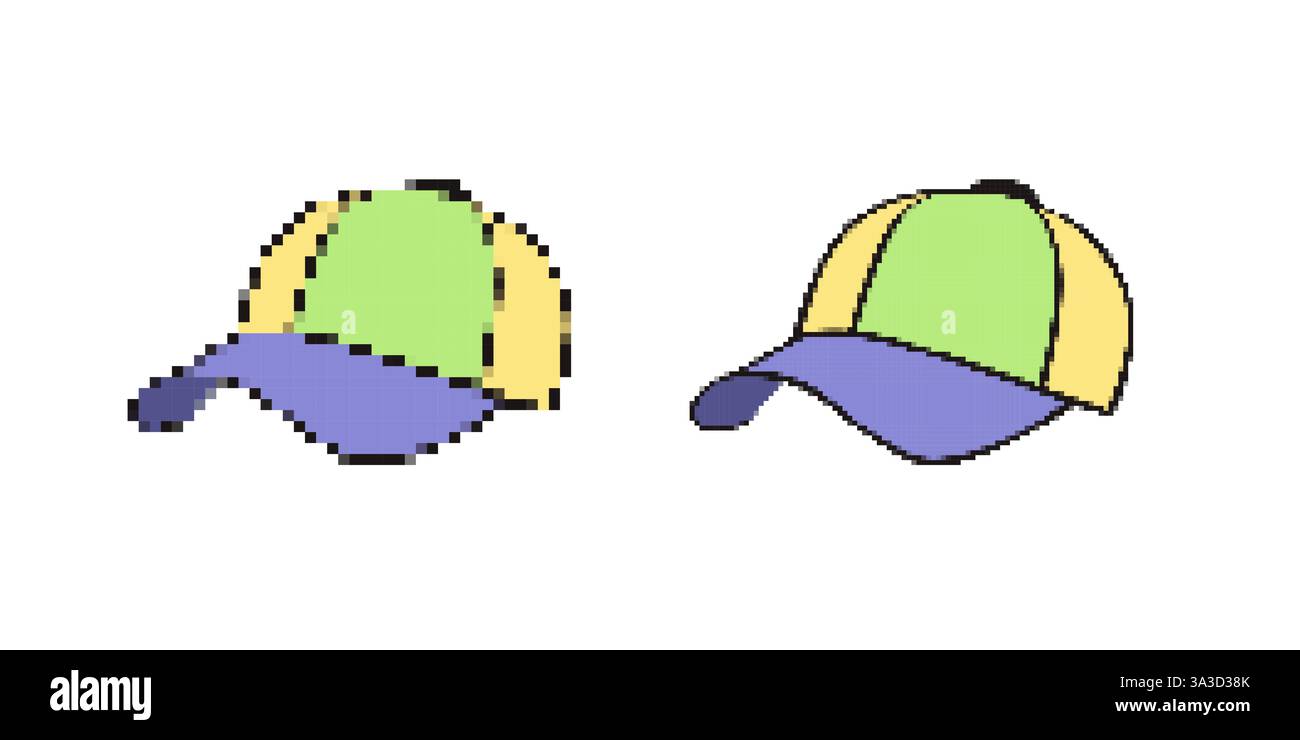 Colorful caps with green yellow panels and blue peaks in pixel and ...