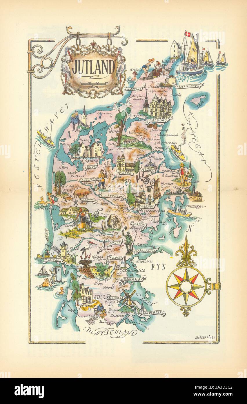 Jutland small pictorial map by Jacques Liozu. Denmark 1952 old vintage ...