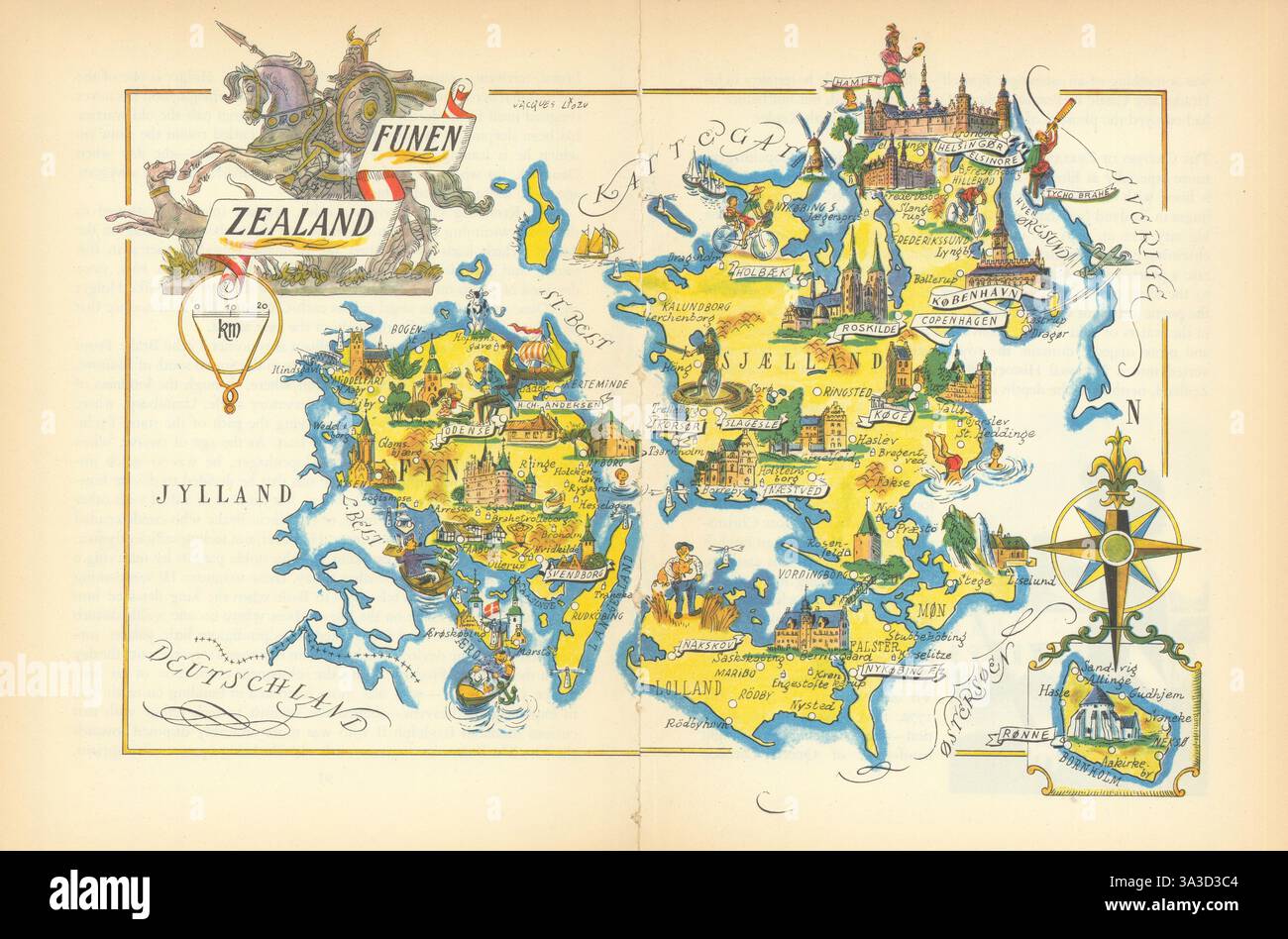 Zealand - Funen small pictorial map by Jacques Liozu. Denmark 1952 old ...