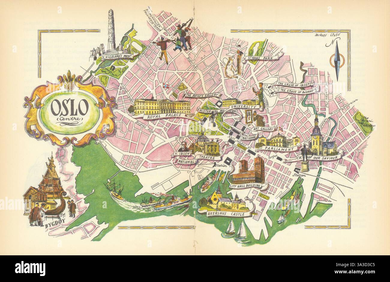 Oslo (centre) small pictorial city plan by Jacques Liozu. Norway 1952 ...