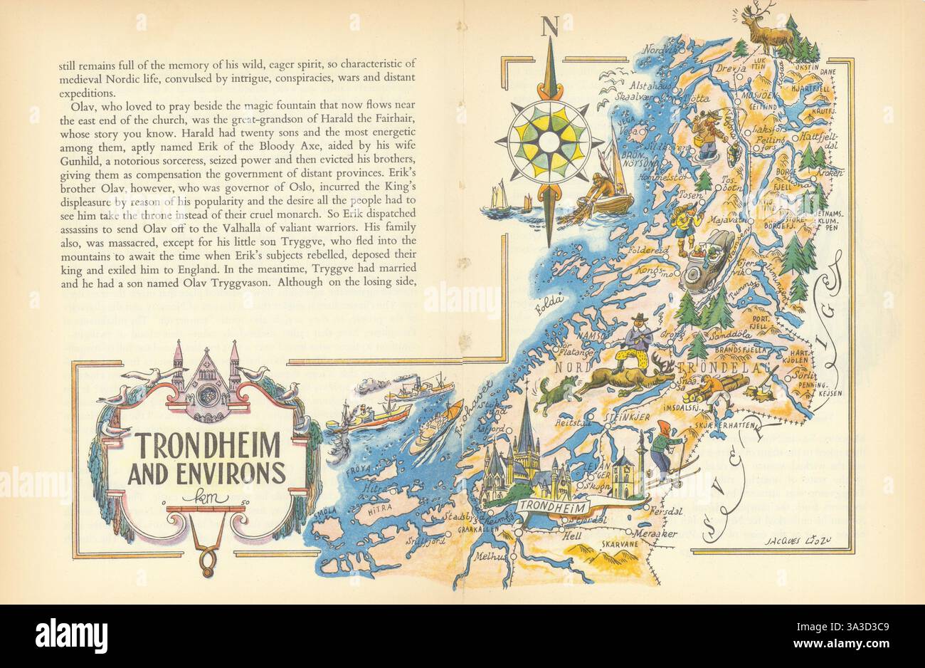 Trondheim and environs small pictorial map by Jacques Liozu. Norway ...