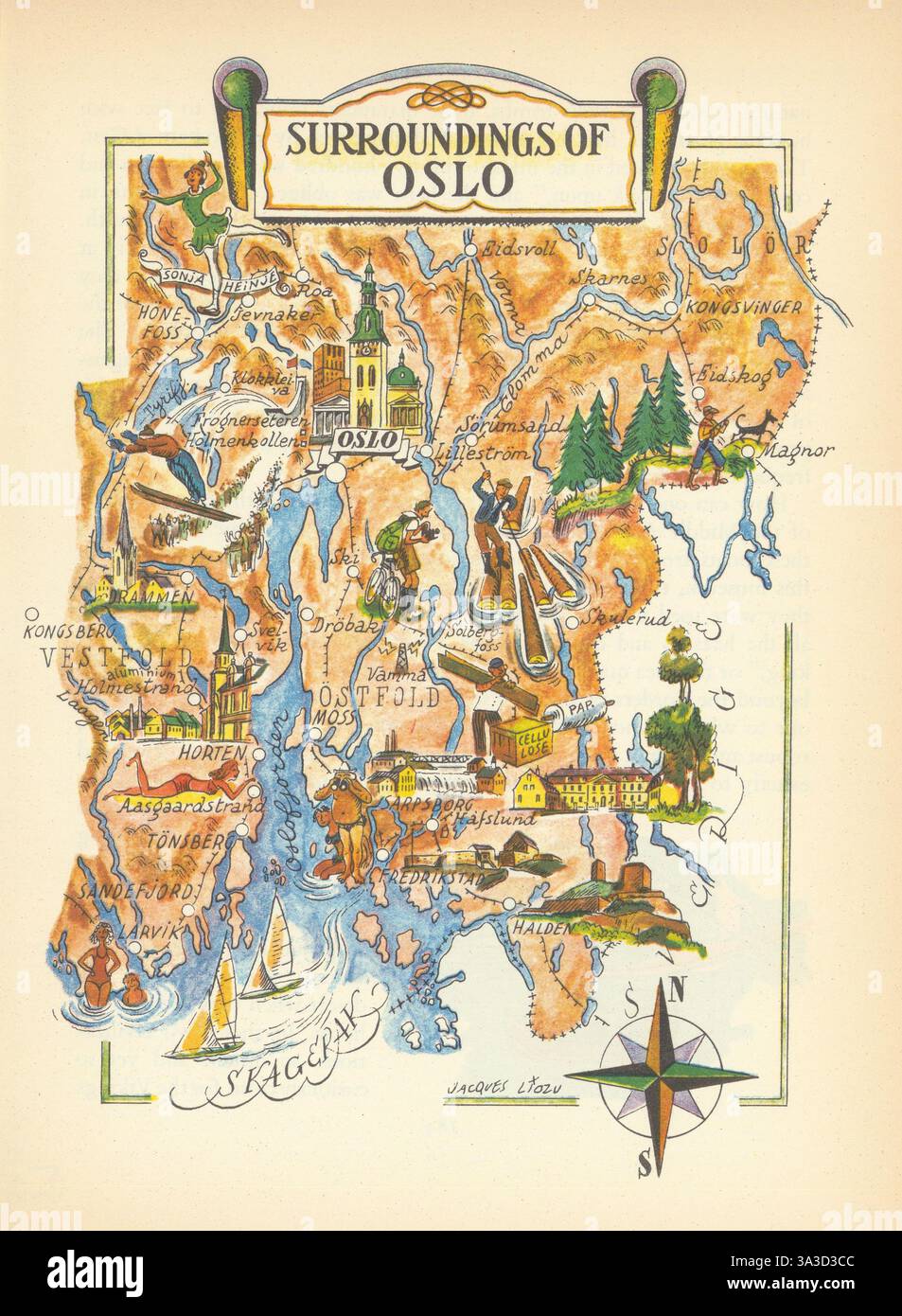 Surroundings of Oslo small pictorial map by Jacques Liozu. Norway 1952 ...