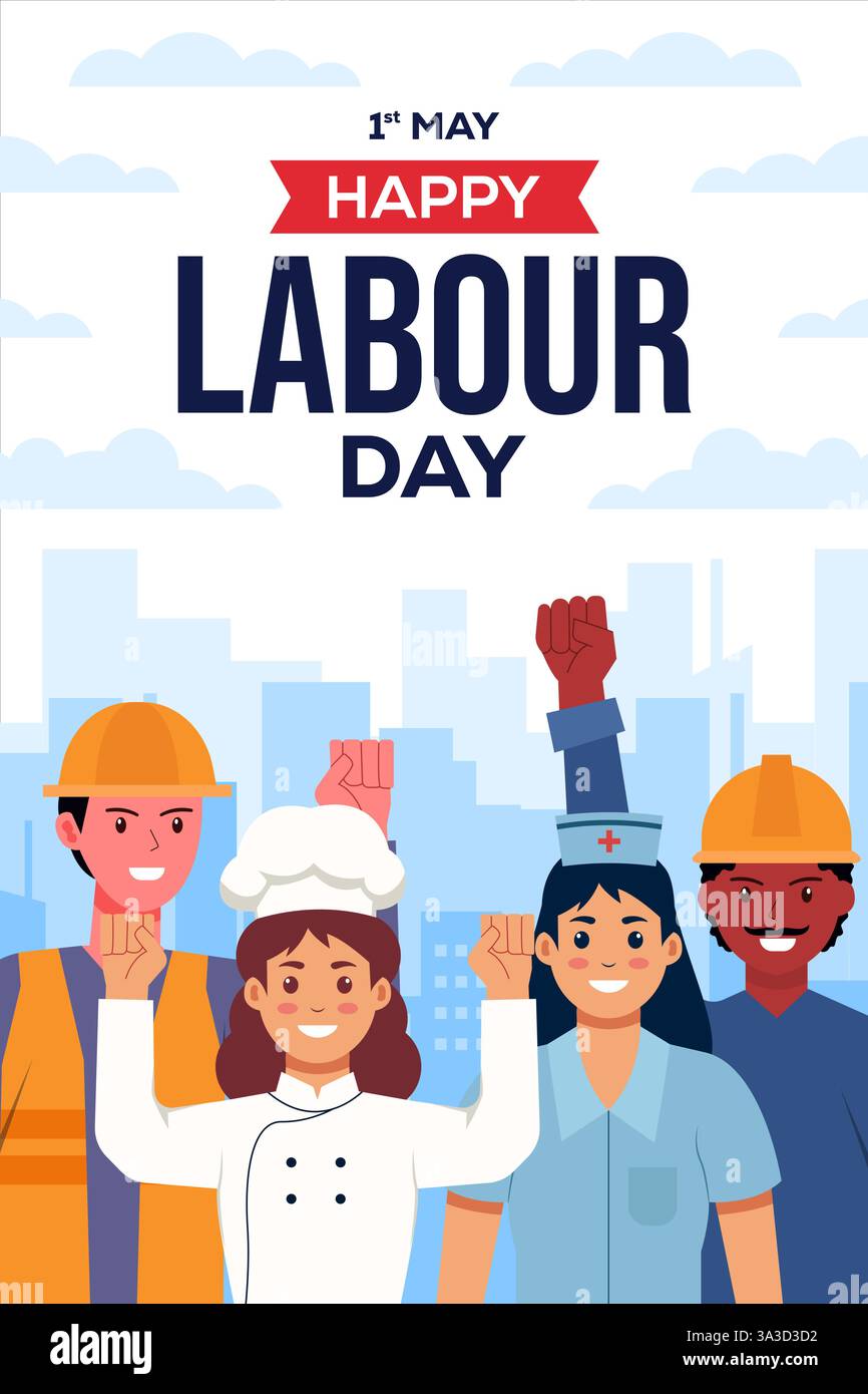 happy labour day vertical banner illustration in flat style Stock ...