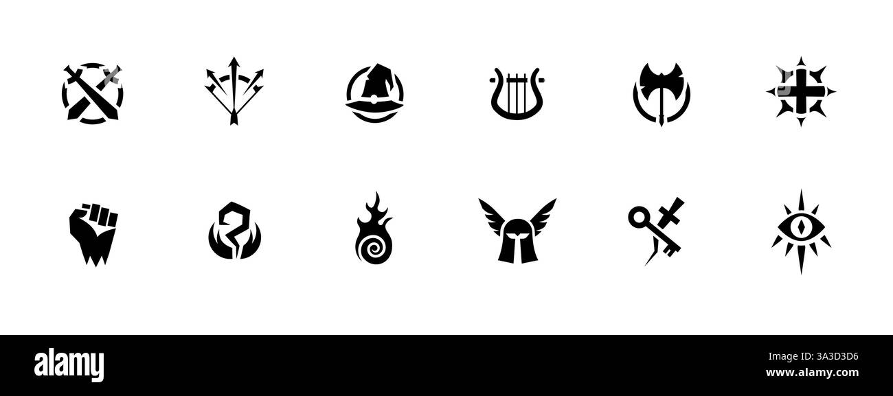 Unique black icon set featuring symbols like arrows, wings, keys, and ...