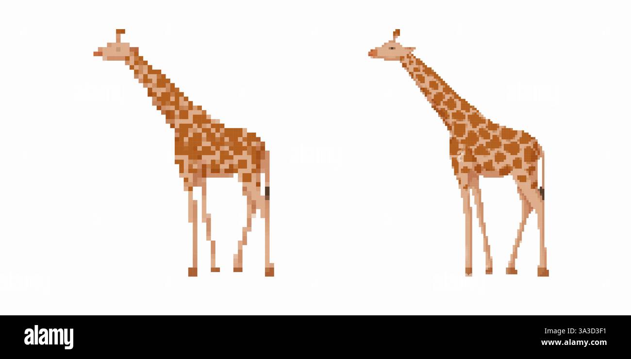 Pixel style and realistic art giraffes standing tall side by side with ...