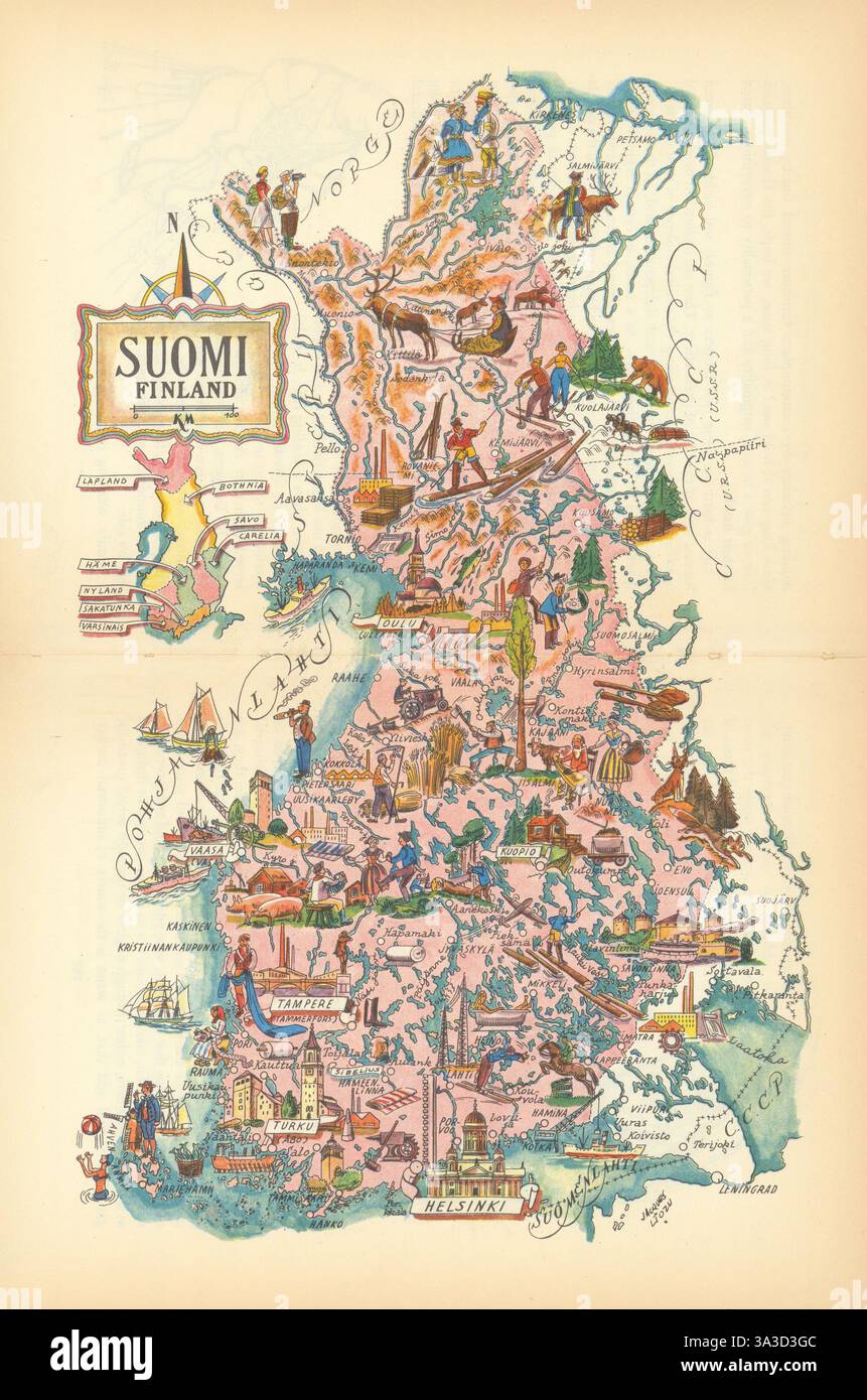 Suomi - Finland small pictorial map by Jacques Liozu 1952 old vintage ...