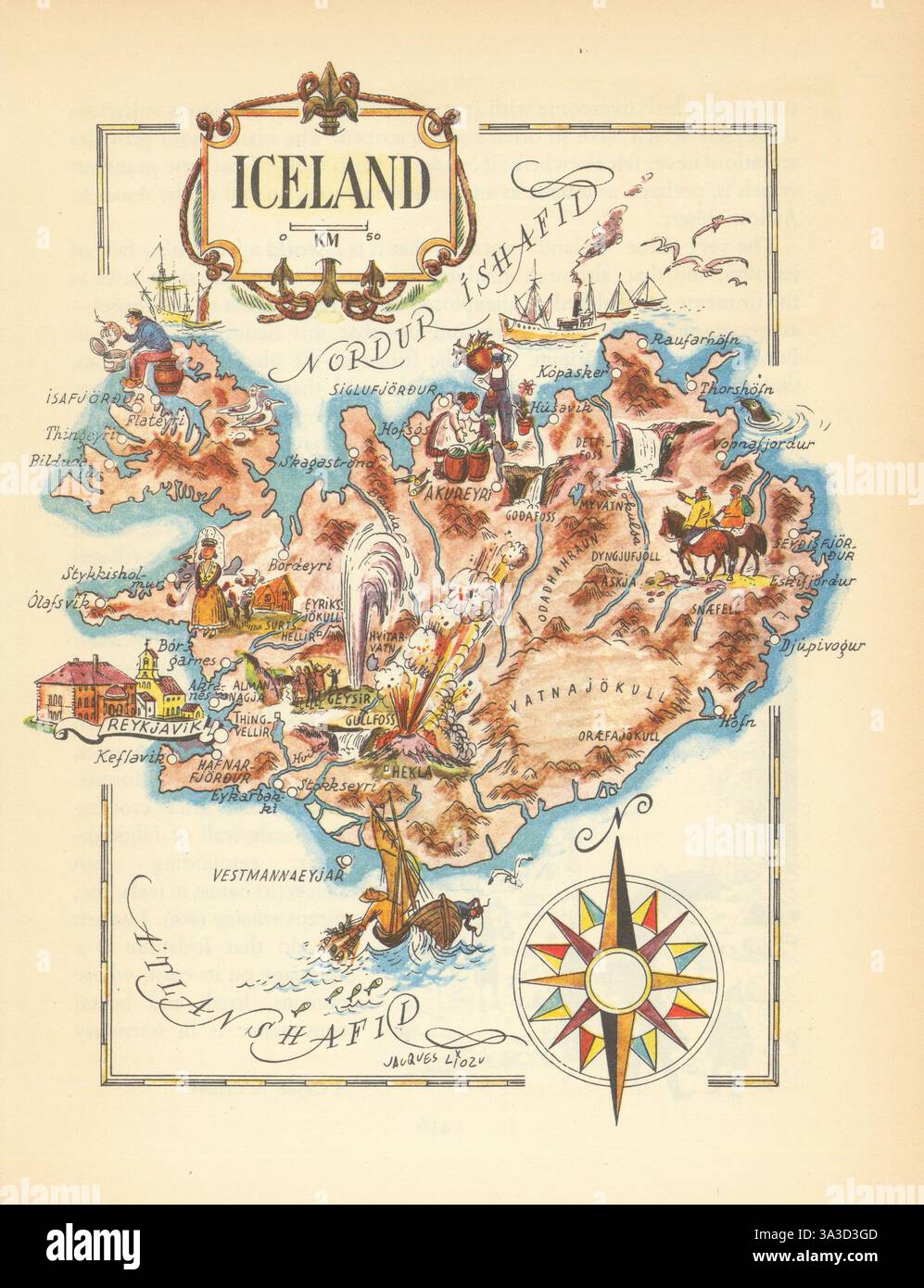 Iceland small pictorial map by Jacques Liozu 1952 old vintage plan ...