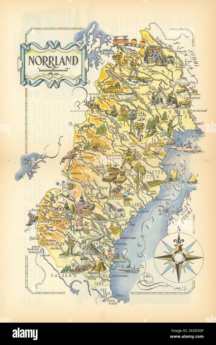 Norrland small pictorial map by Jacques Liozu. Sweden 1952 old vintage ...