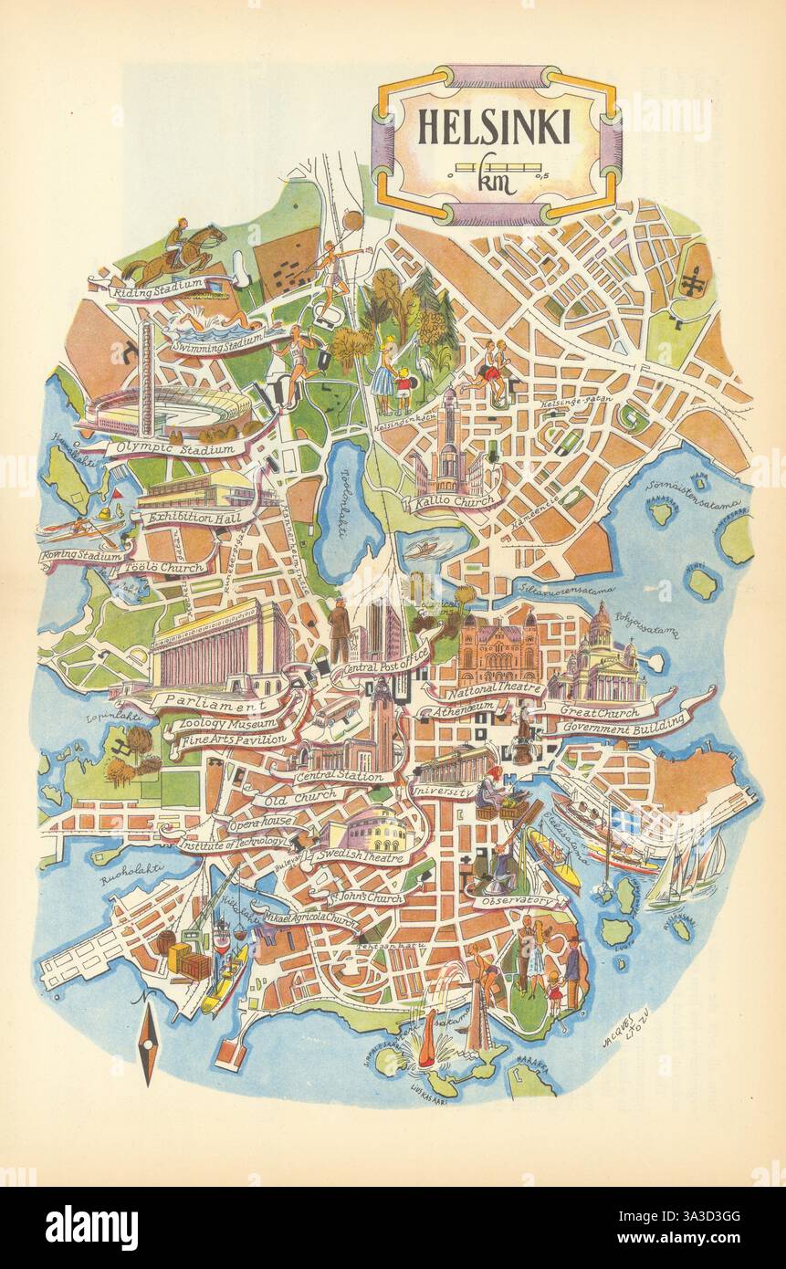 Helsinki small pictorial city plan by Jacques Liozu. Finland 1952 old ...