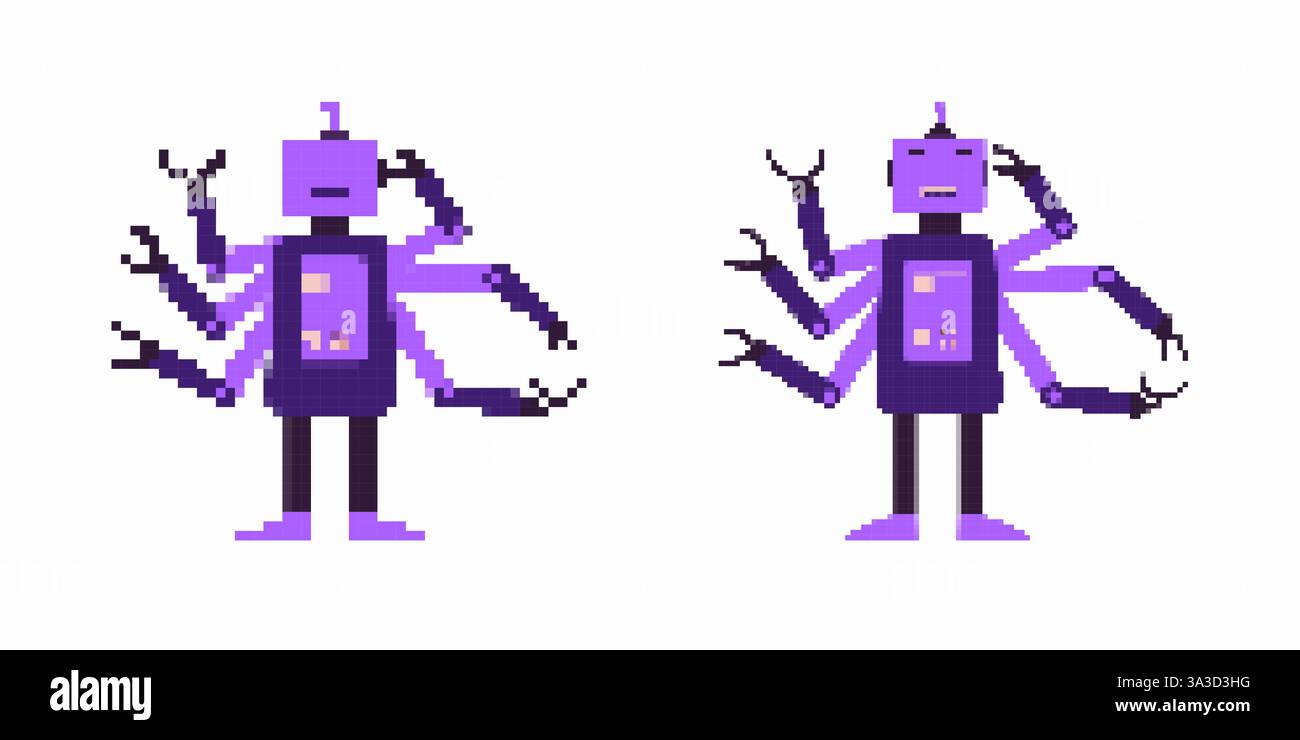 Pixel art purple robot with multiple arms displaying unique features ...