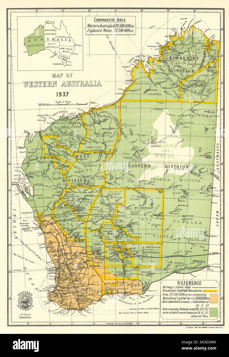 Map of Western Australia showing Goldfield Boundaries by J.P. Camm 1938 ...
