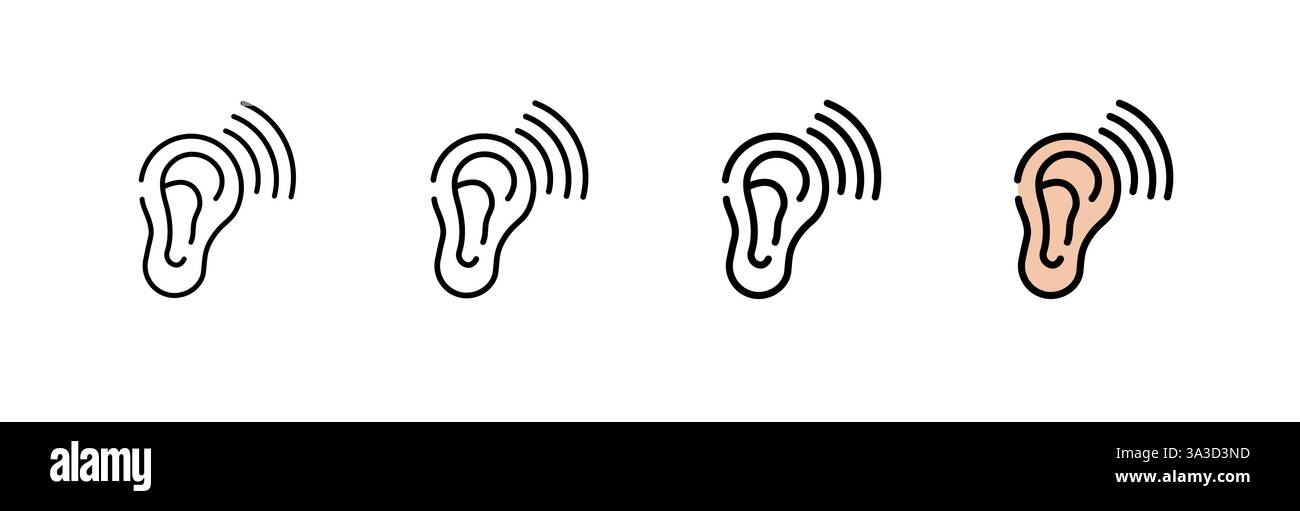 Set of ear symbols with sound waves in black lines and one colored ...
