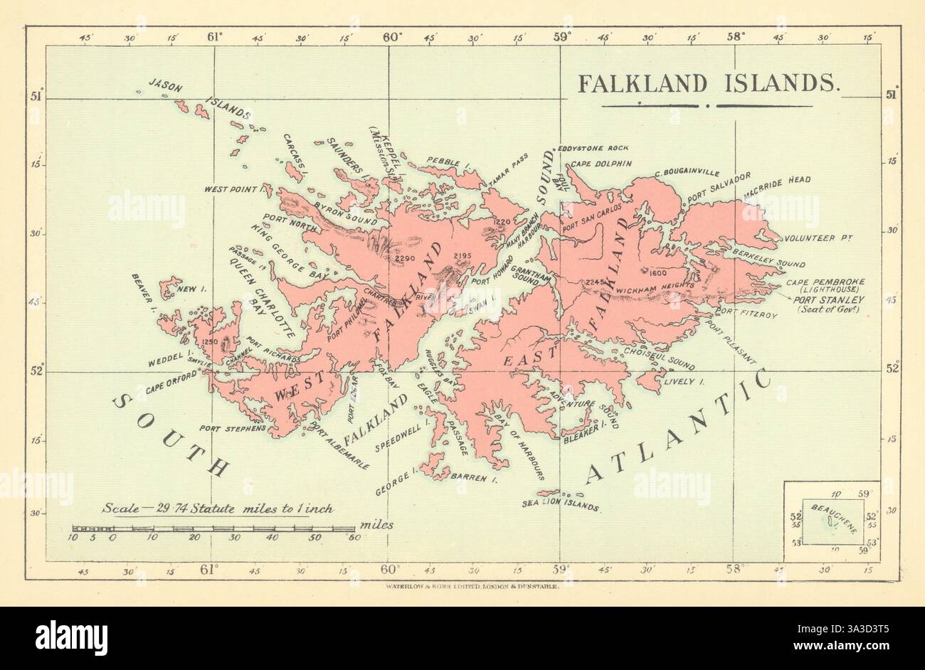 Falkland Islands by Waterlow & Sons 1938 old vintage map plan chart ...