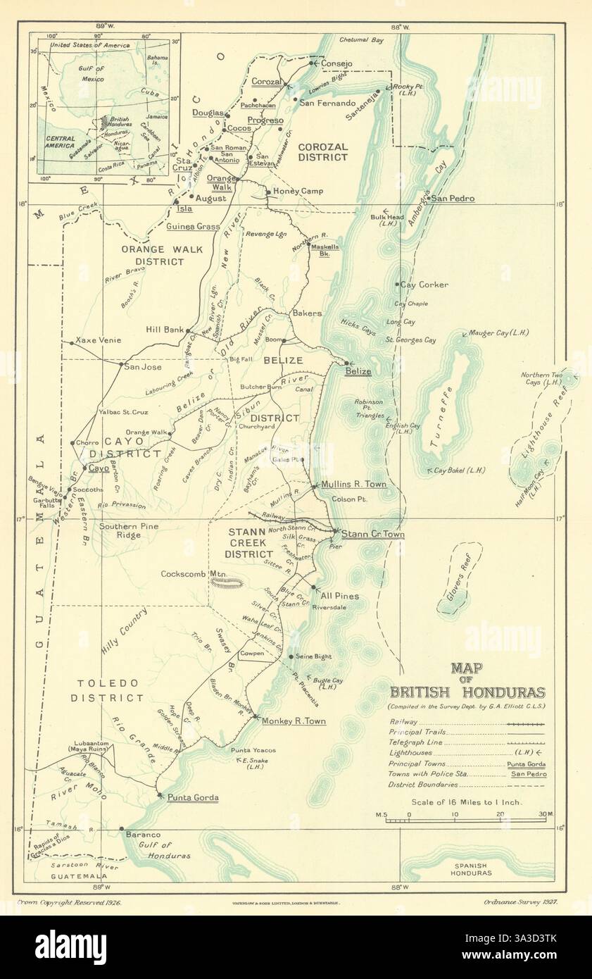 Map of British Honduras showing trails & railway by G.A. Elliott. Belize 1938 Stock Photo - Alamy