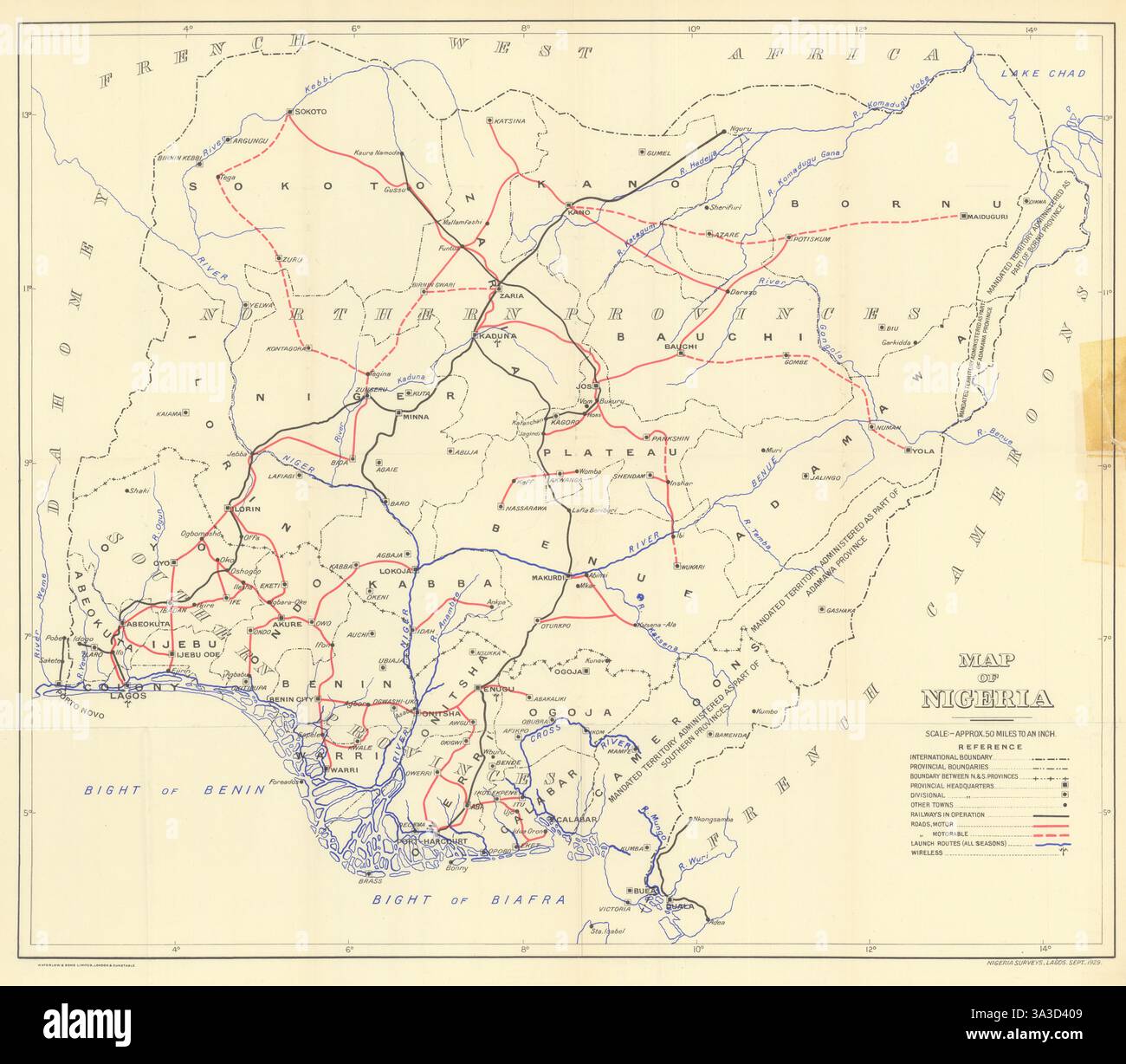 Antique map of Nigeria by Nigeria Surveys, Lagos 1938 old chart Stock ...