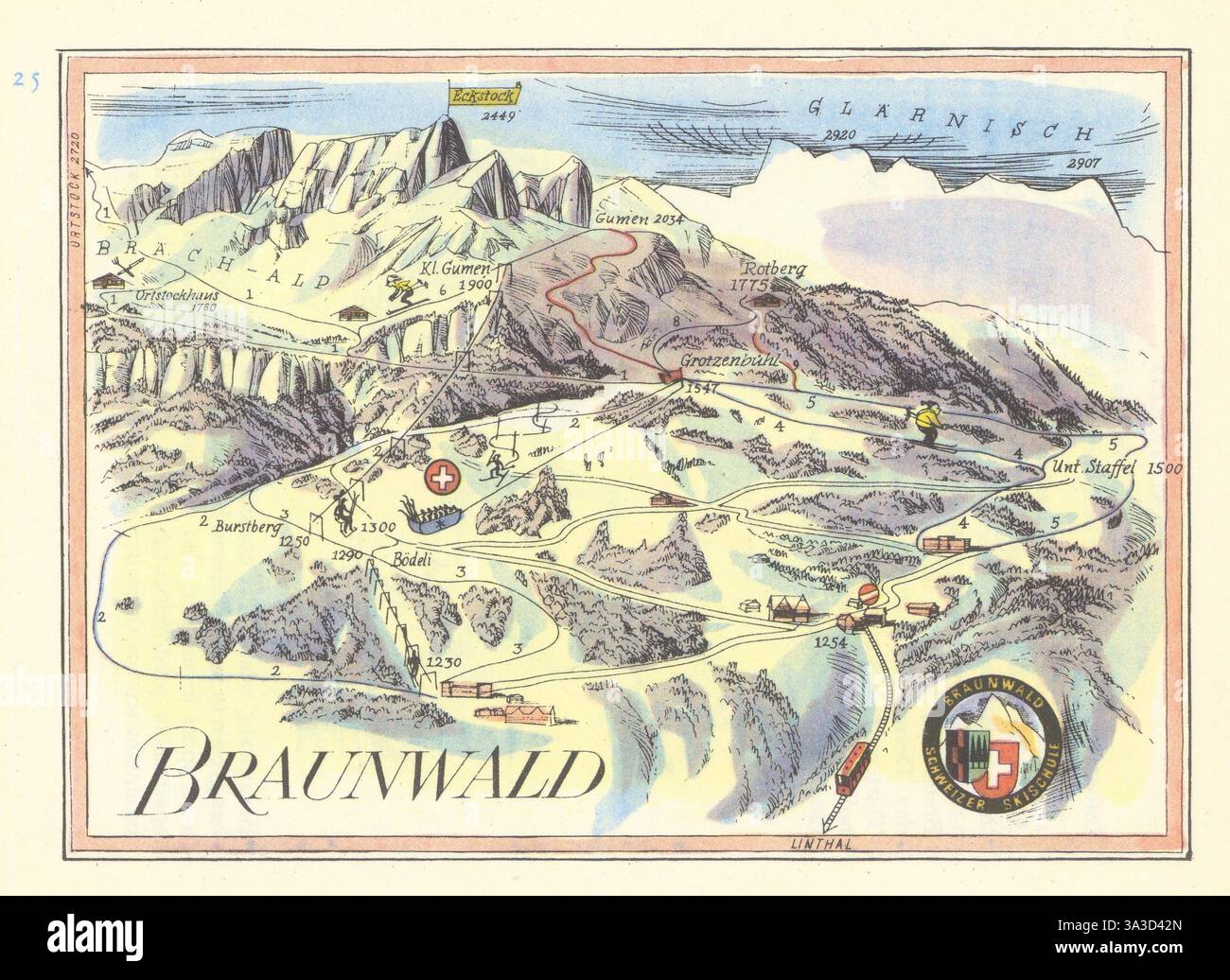 Braunwald small ski resort piste/trail map by Otto Müller. Switzerland ...