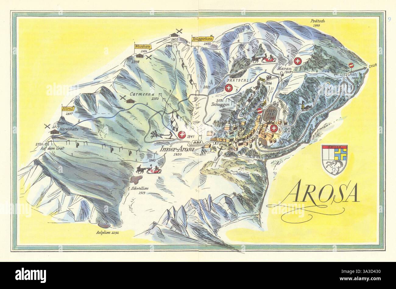 Arosa ski resort piste/trail map by Otto Müller. Switzerland 1949 old ...