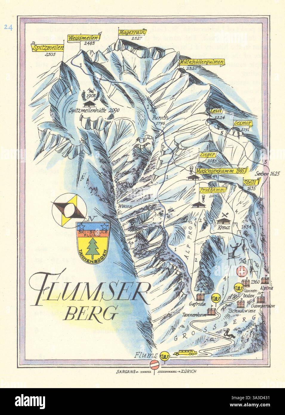 Flumserberg small ski resort piste/trail map by Otto Müller 1949 old ...