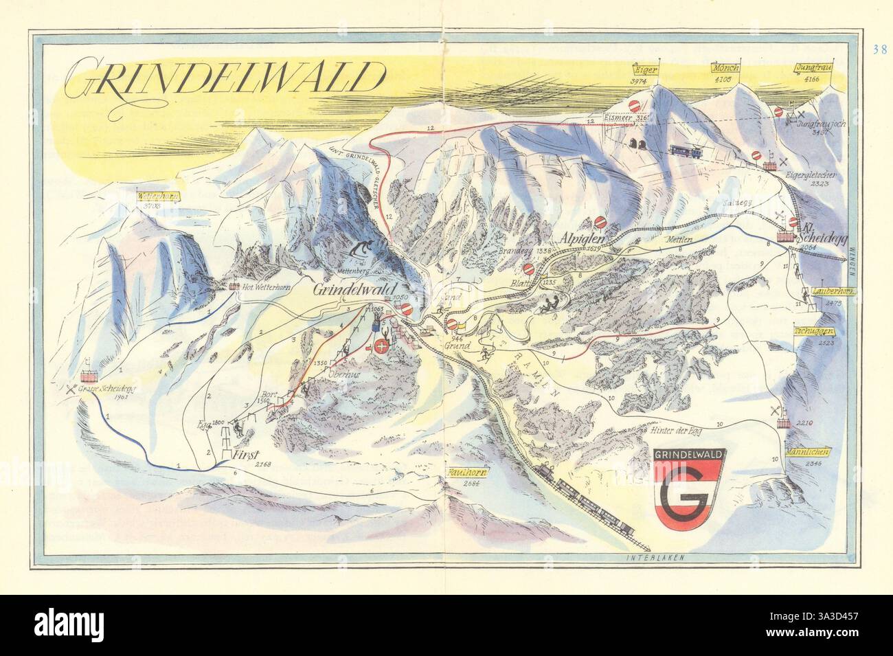 Grindelwald-First ski resort piste/trail map by Otto Müller 1949 old ...