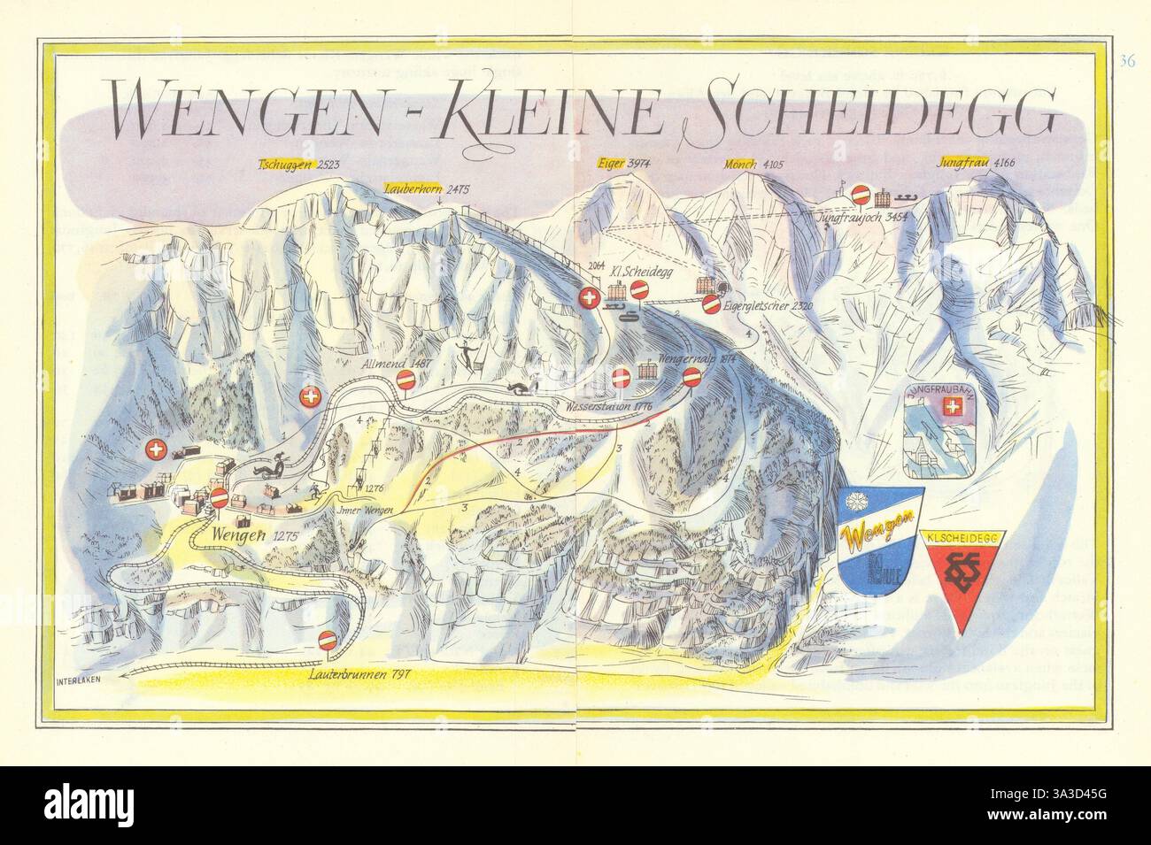 Wengen-Kleine Scheidegg ski resort piste/trail map by Otto Müller 1949 ...