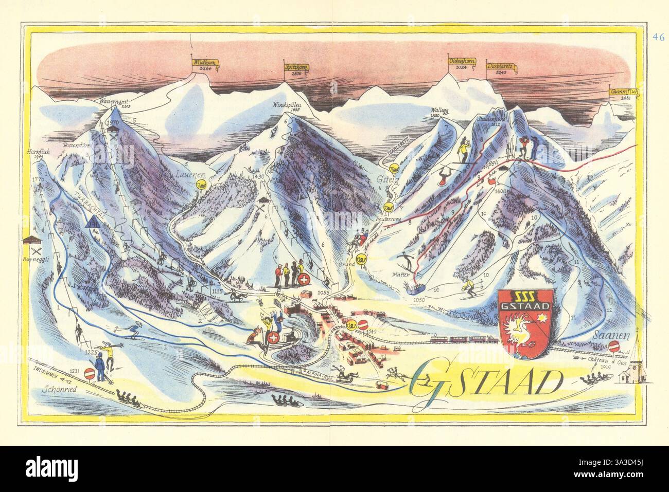 Gstaad ski resort piste/trail map by Otto Müller. Saanen. Switzerland ...