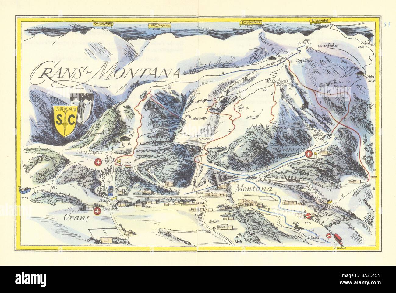 Crans-Montana ski resort piste/trail map by Otto Müller. Switzerland ...