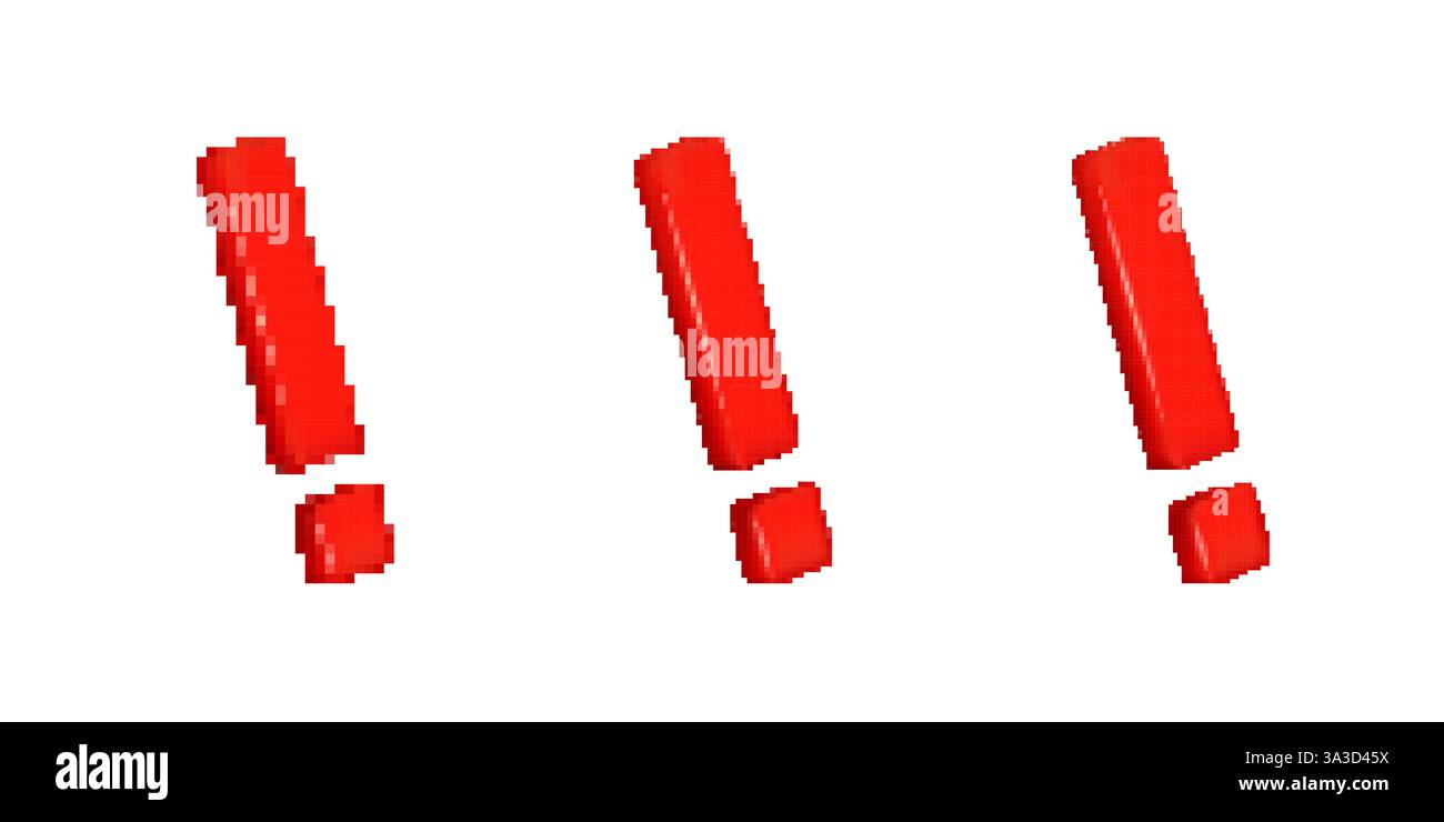 Pixelated red exclamation marks on white background, bold digital ...
