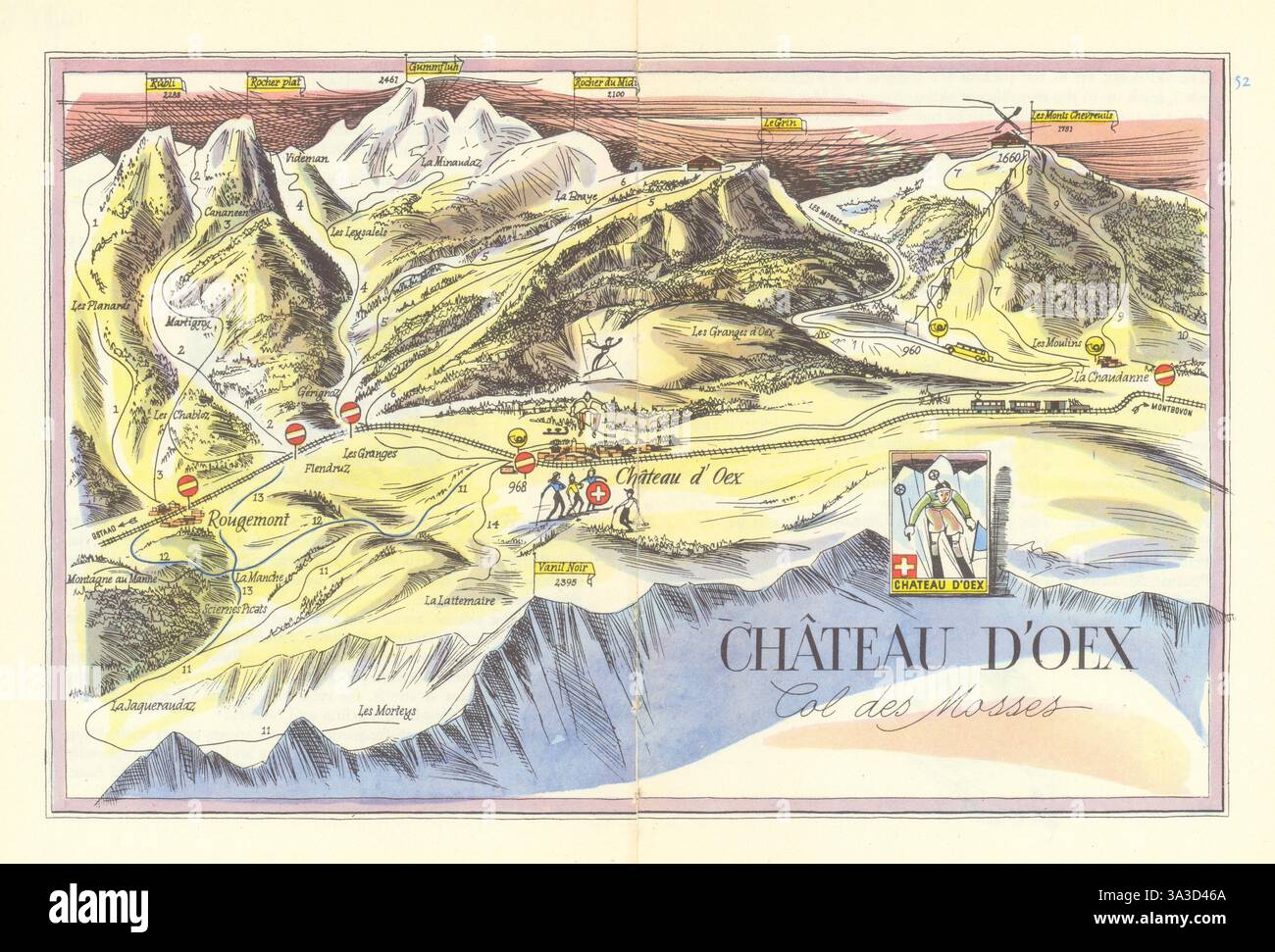 Chateau d'Oex-Rougement ski resort piste/trail map by Otto Müller 1949 ...
