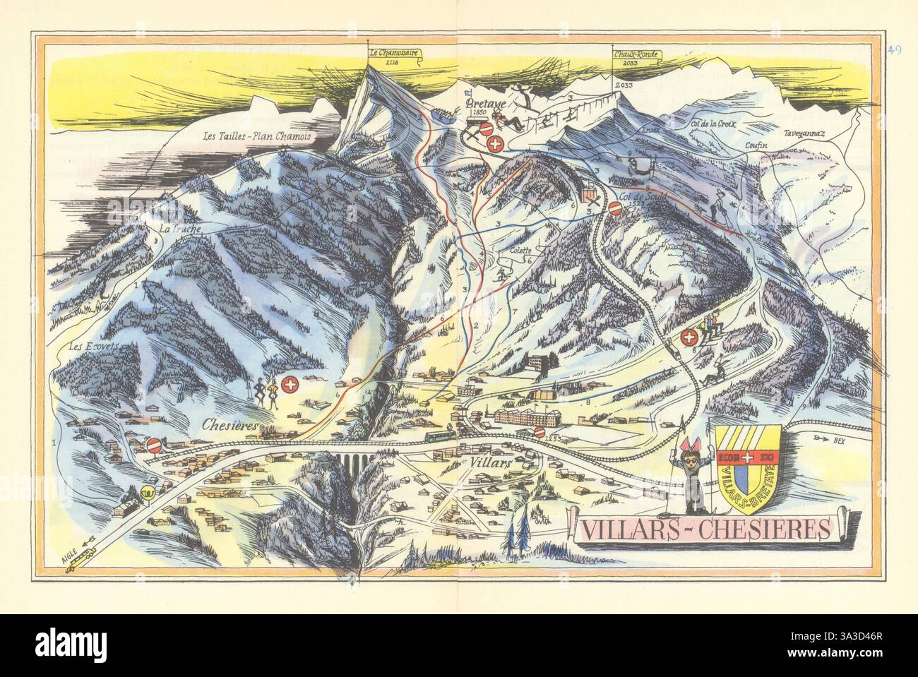 Villars-Chesières ski resort piste/trail map by Otto Müller 1949 old ...