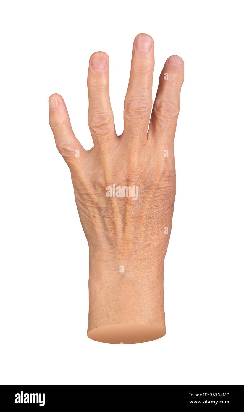 Elderly hand showing four extended fingers in an expressive gesture ...