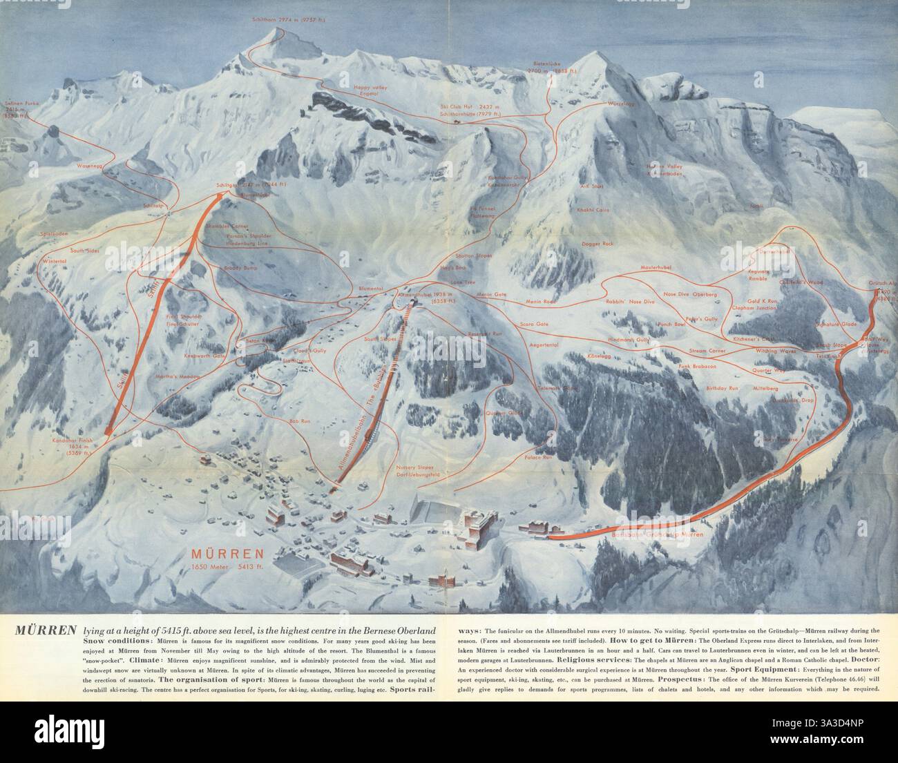 Mürren ski resort panorama & piste/trail map. Berner Oberland ...