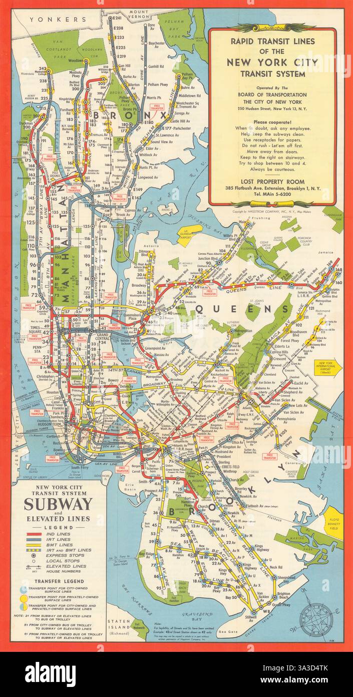 Rapid Transit Lines of the New York City Transit System. Subway map 1948 Stock Photo - Alamy