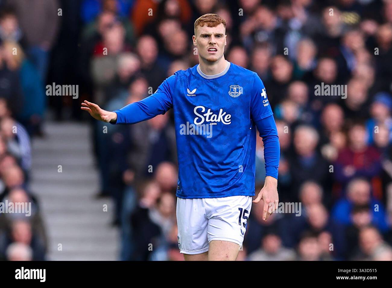 Liverpool, UK. 15th Mar, 2025. Jake O'Brien of Everton gestures during ...